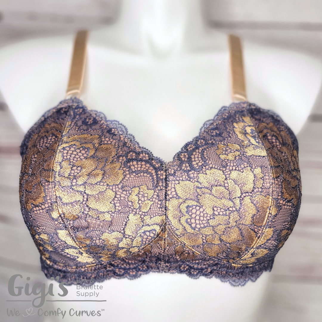 Smokey Blue and Antique Gold Lace Foam Bralette | Gigis Bra Supply